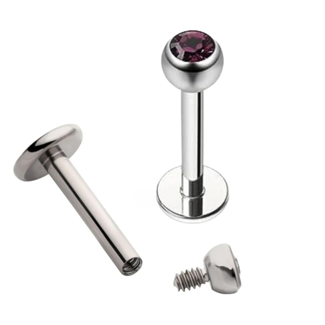 (SKU: 130+LA) Internally Threaded Labret with Purple Gem | Glimpse