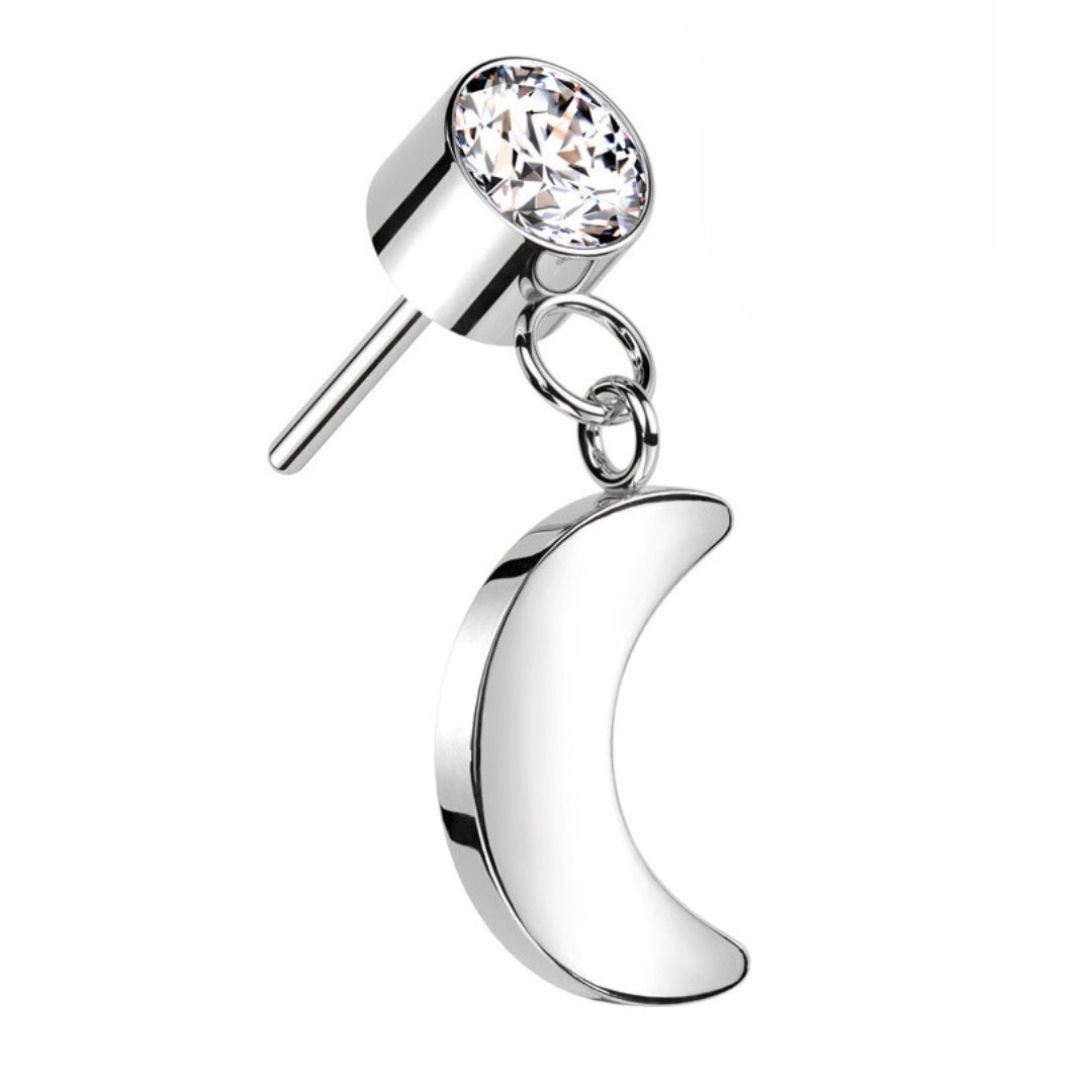 Implant Grade Titanium Threadless End - Crescent Moon Dangle with Clear Cubic Zirconia | Glimpse